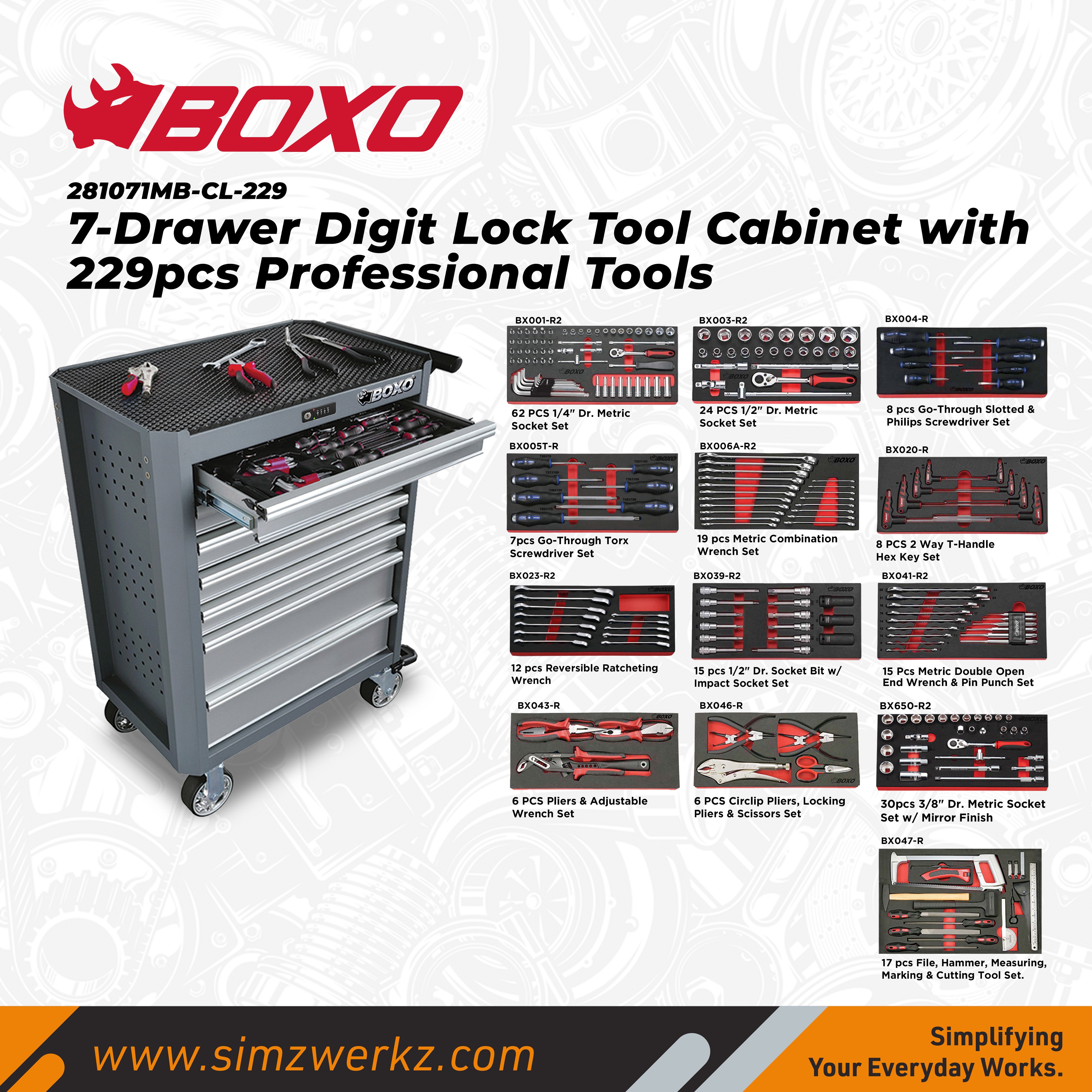 7-Drawer Digit Lock Tool Cabinet with 229pcs Professional Tools – Simz ...